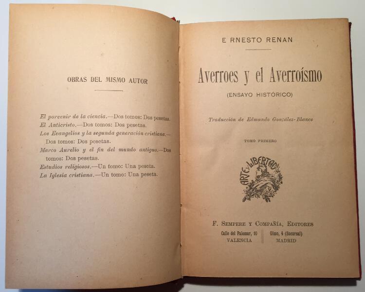 AVERROES Y EL AVERROÍSMO. TOMO I by Ernesto Renán: Cubiertas deslucidas ...