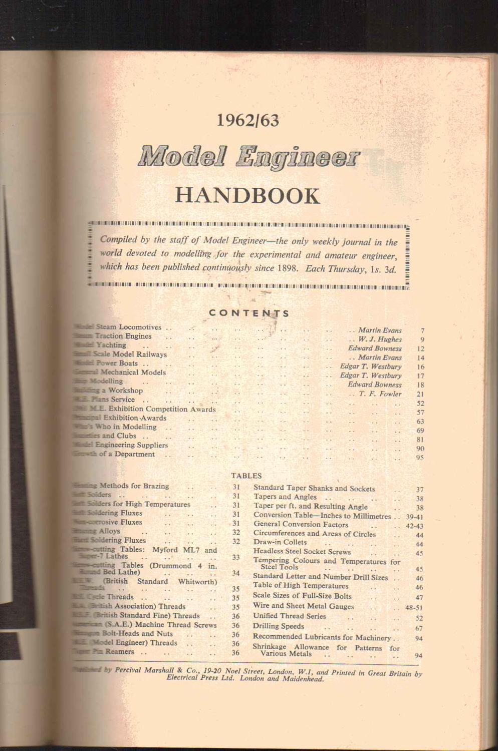 Model Engineer Handbook 1962-1963: Very Good Stapled Booklet (1962 ...