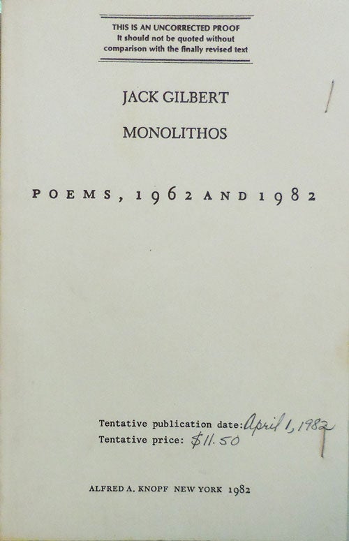 Monolithos Poems 1962 and 1982 by Gilbert, Jack: Near Fine Paperback ...