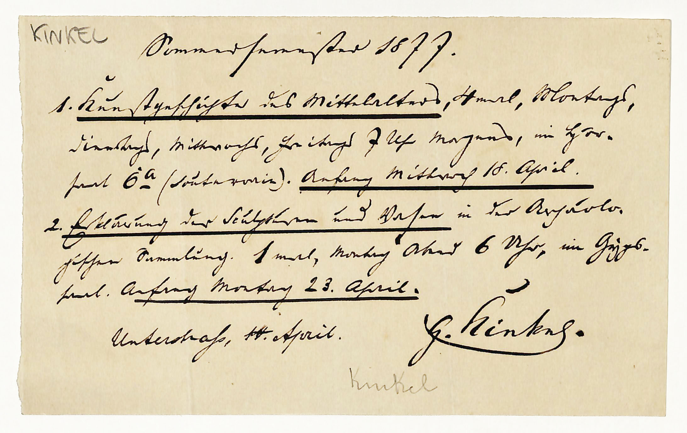 Eigenh. Schriftstück mit U. by Kinkel, Gottfried, Schriftsteller und ...