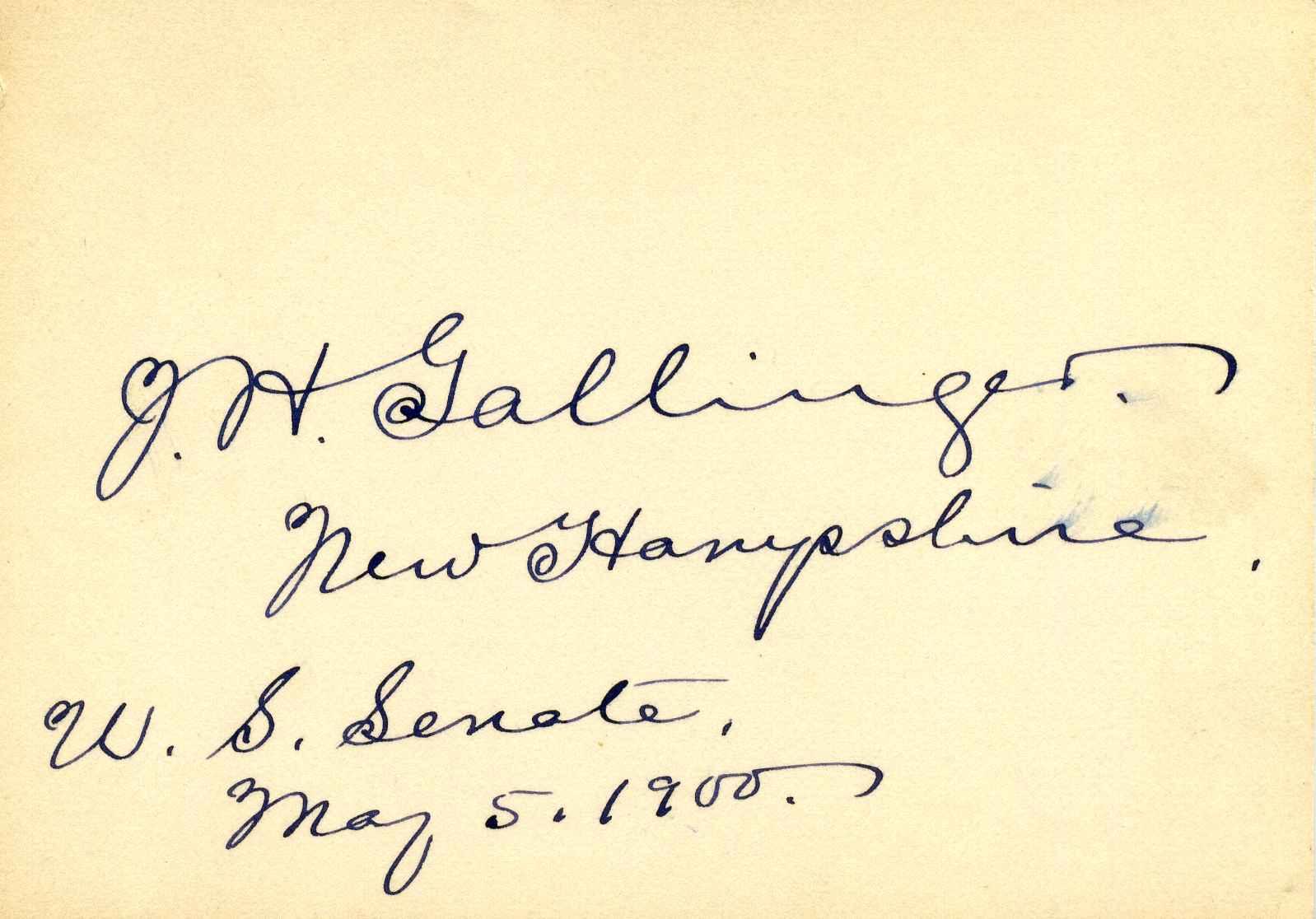Small card signed by Jacob H. Gallinger. de Gallinger, Jacob H.: Near ...
