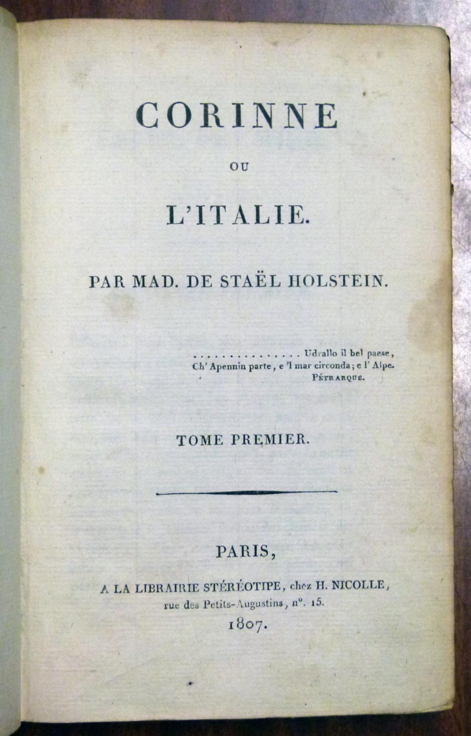 CORINNE OU L'ITALIE. by Madame de STAËL HOLSTEIN | Librairie de l'Univers