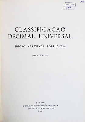 CLASSIFICAÇÃO DECIMAL UNIVERSAL.: Good Hard Cover | Livraria Castro e Silva