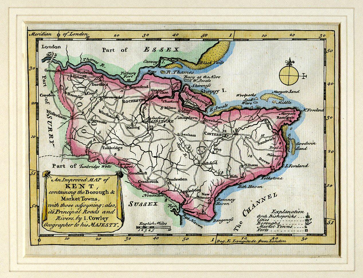 A Hand-Coloured Map of Kent 1744; An Improved Map of Kent Containing ...