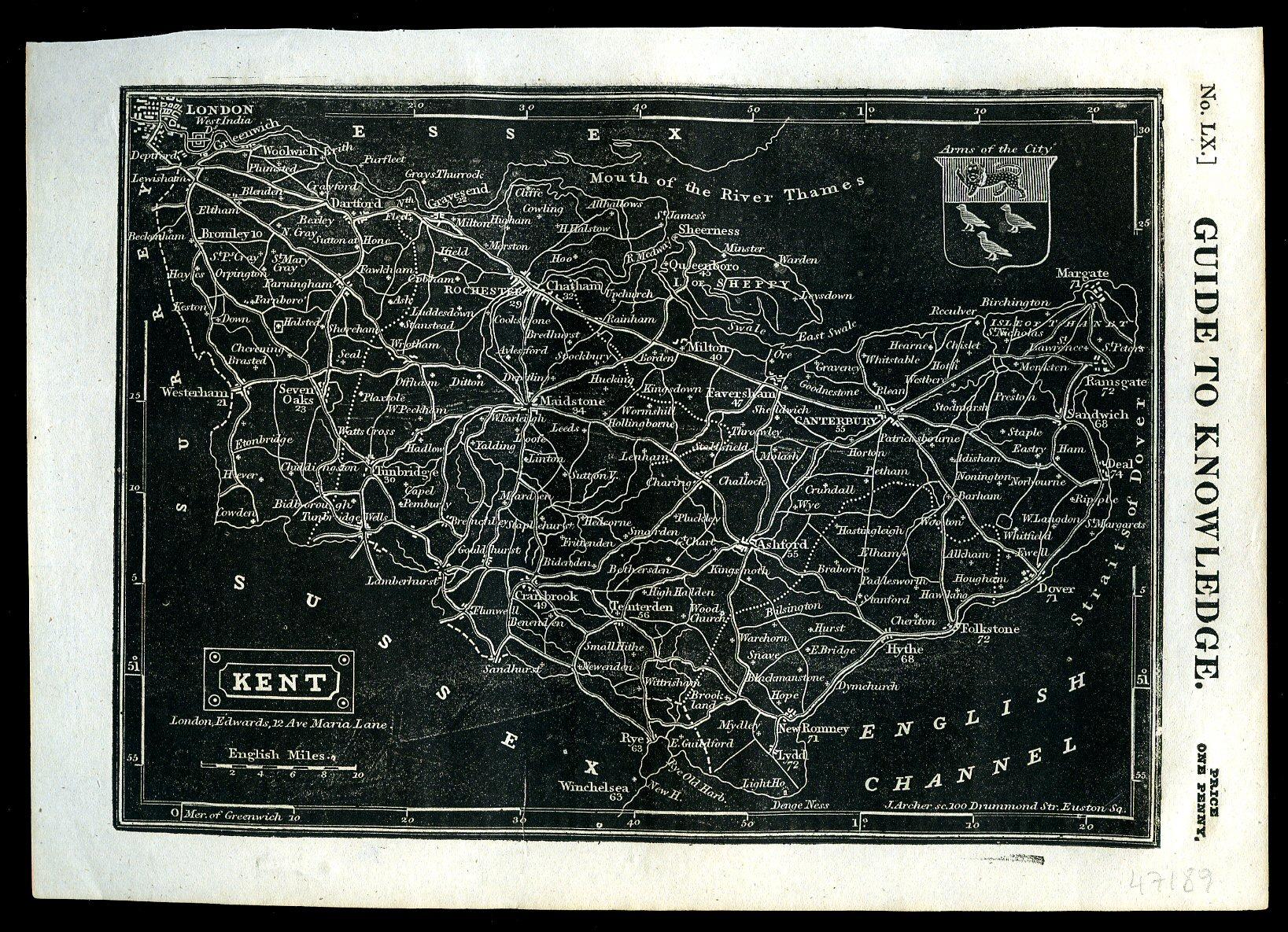 A Monochrome Map of Kent [Guide to Knowledge] de [Drawn and Engraved by ...