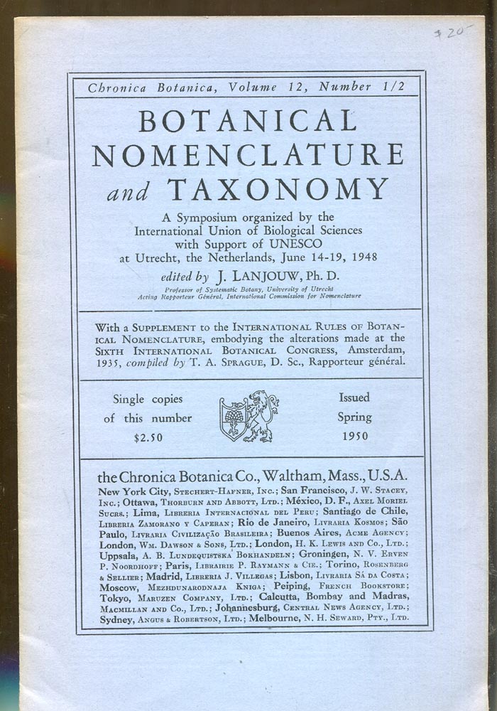 Botanical Nomenclature and Taxonomy by Lanjouw, J. Editor: VG+ ...