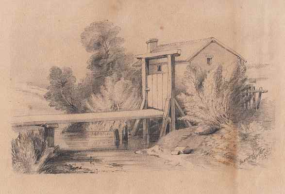 Original pencil drawing of a creek with a bridge. by CLAYTON, Margaret ...