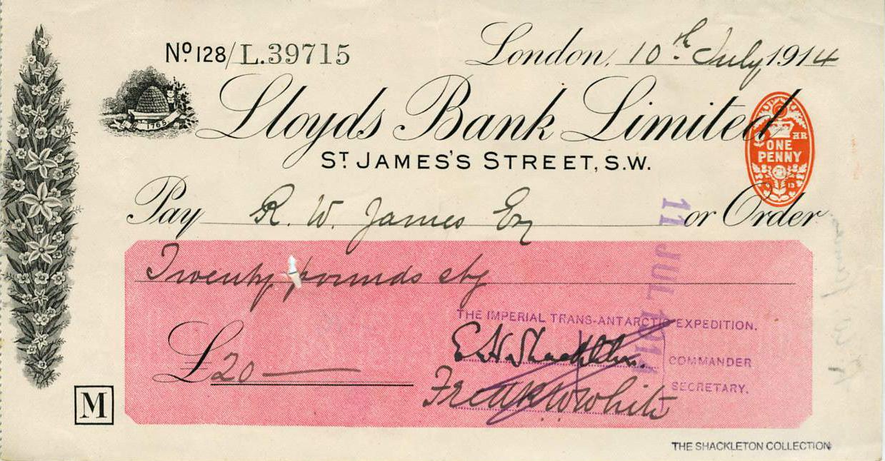 Autograph check from Shackleton fom his Imperial Trans-Antarctic ...