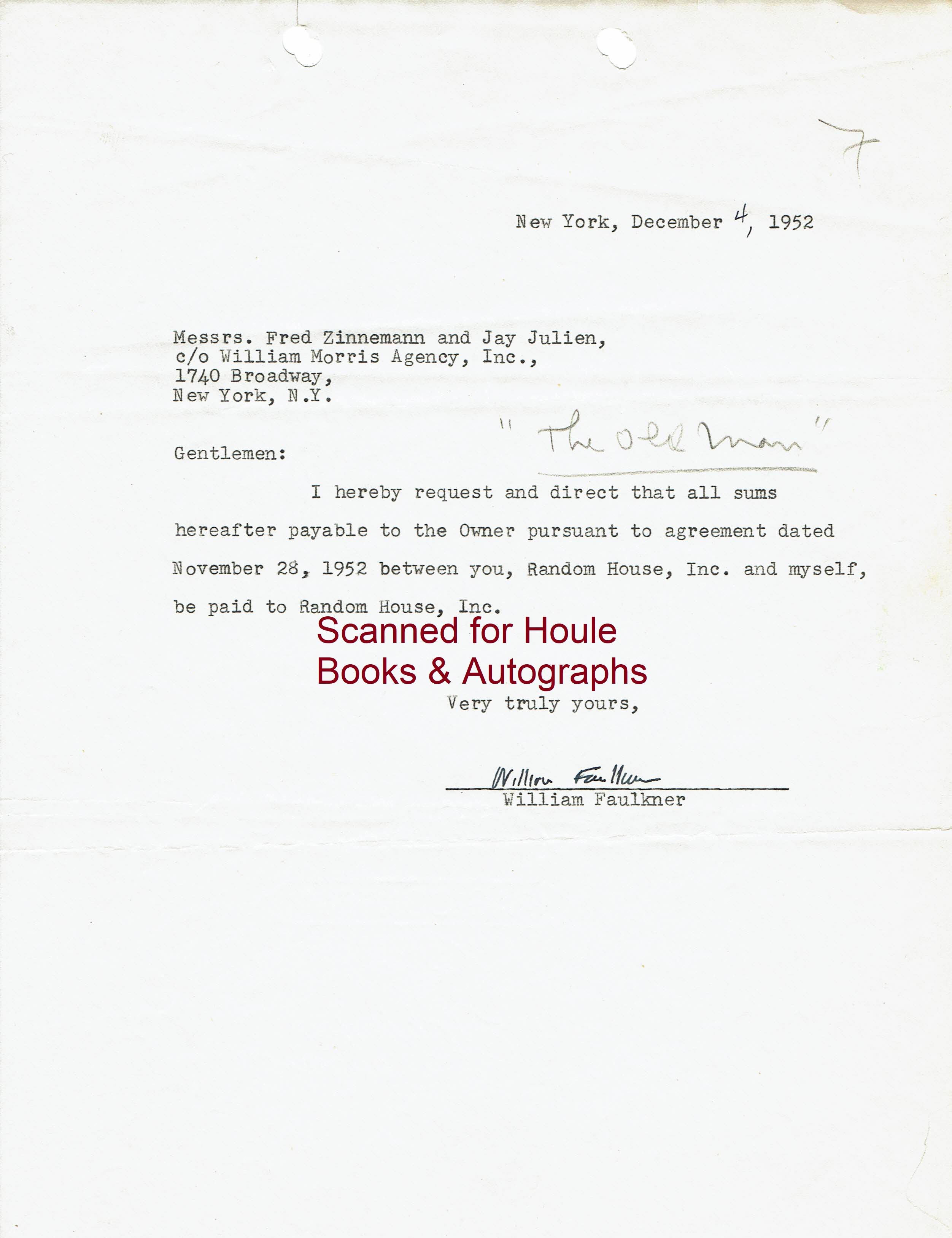 Typed Document Signed by Faulkner, William: (1952) Signed by Author(s ...