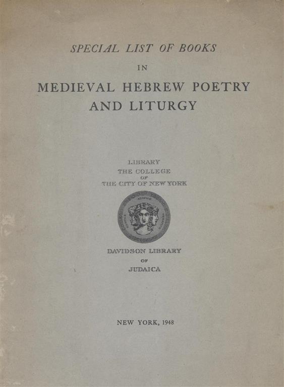 Special List of Books in Medieval Hebrew Poetry and Liturgy. Davidson ...