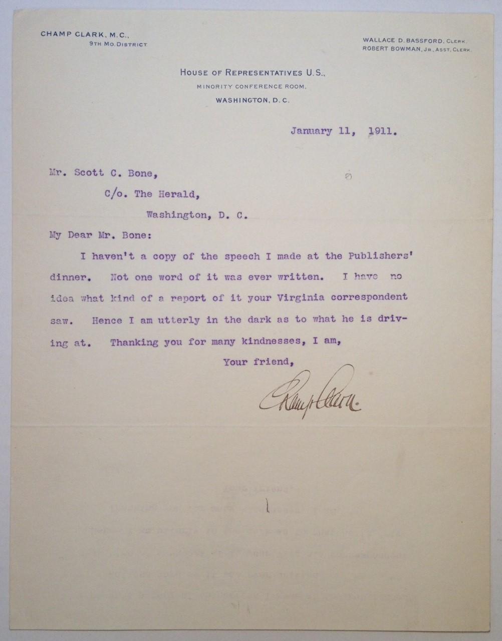 Typed Letter Signed on "House of Representatives" letterhead by CLARK ...