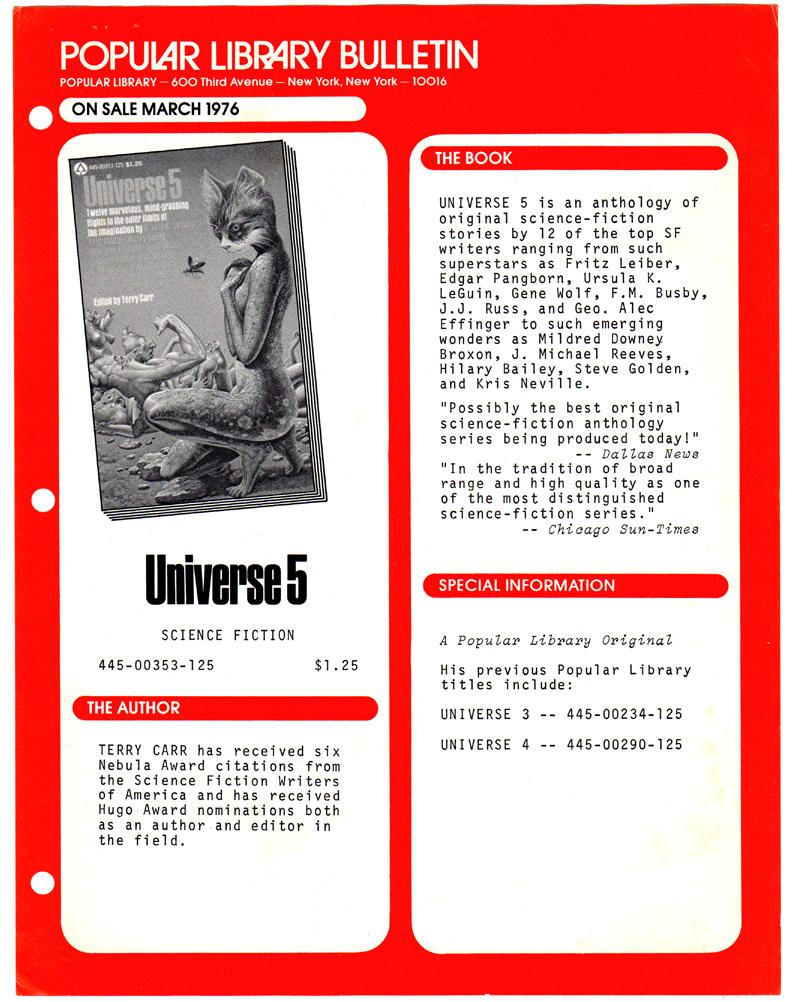 1976 Popular Library Promotional Bulletin for Universe 5 (science ...