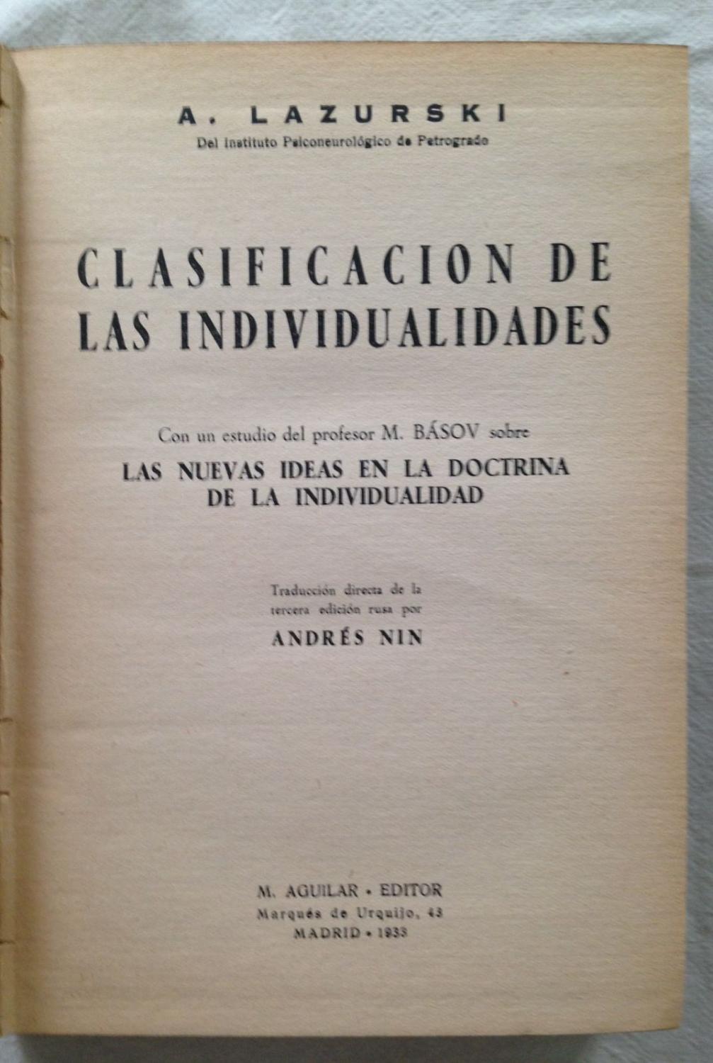 CLASIFICACIÓN DE LAS INDIVIDUALIDADES. Con un estudio del profesor M ...