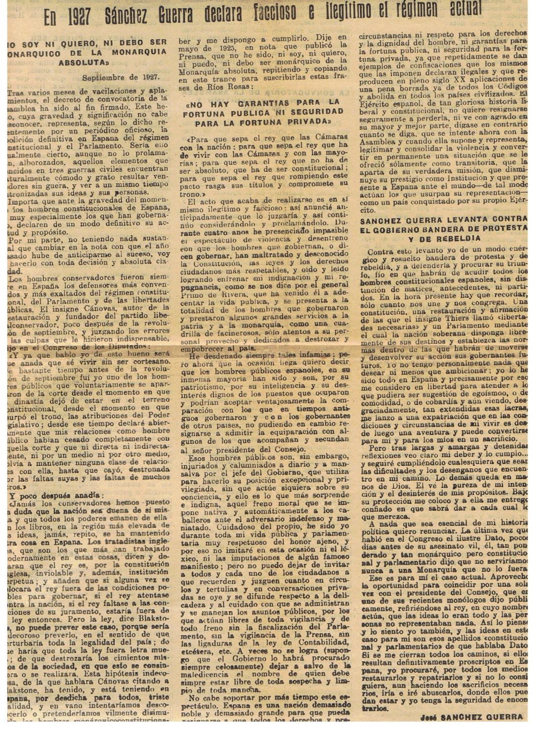 SÁNCHEZ GUERRA CONTRA LA MONARQUÍA ABSOLUTA. La conminación de Sánchez ...