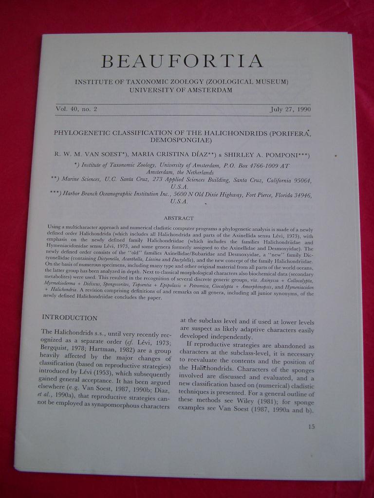 PHYLOGENETIC CLASSIFICATION OF THE HALICHONDRIDS (PORIFERA DEMOSPONGIAE ...