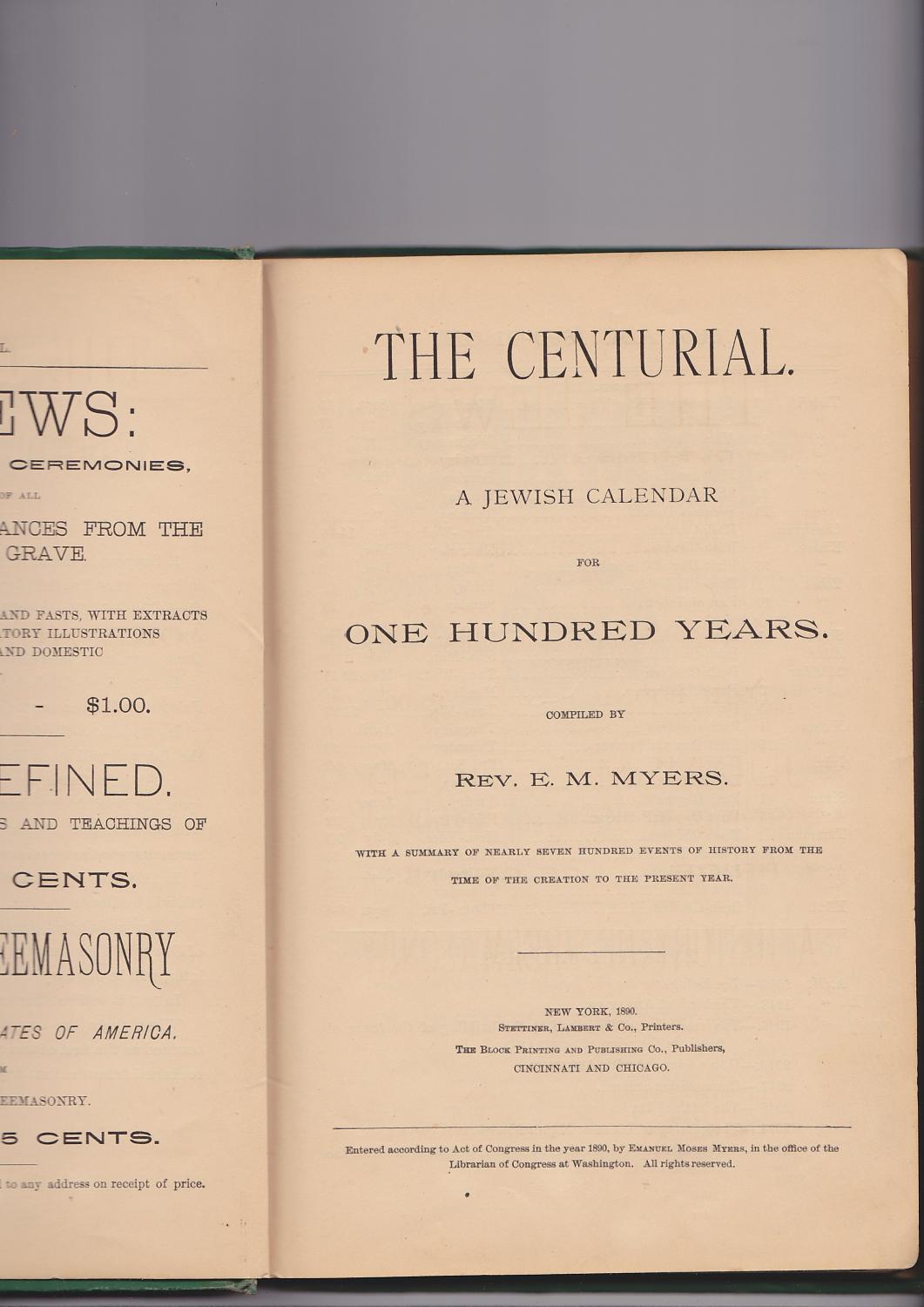 The Centurial. A Jewish Calendar for One Hunded Years by Compiled by ...