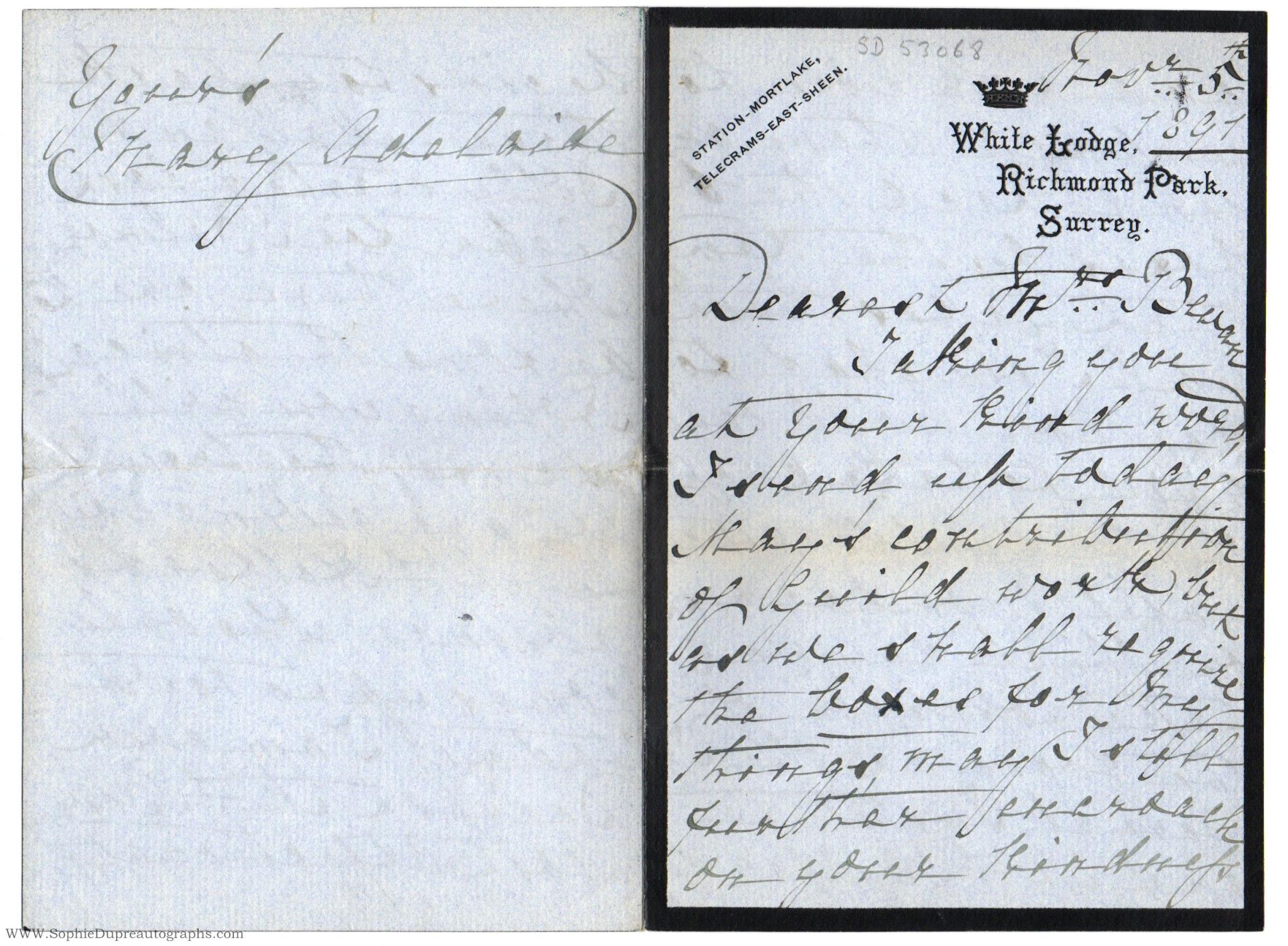 Autograph letter signed to 'Dearest Mrs Bevan', (Duchess of Teck, 1833 ...