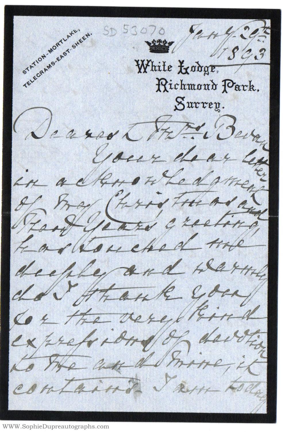 Autograph letter signed to 'Dearest Mrs Bevan', (Duchess of Teck, 1833 ...