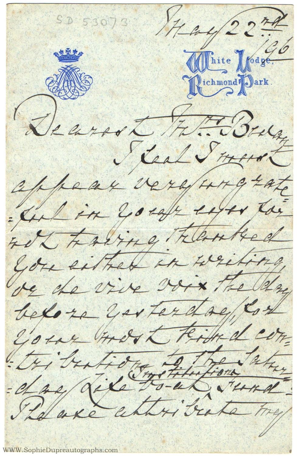 Autograph letter signed to 'Dearest Mrs Bevan', (Duchess of Teck, 1833 ...