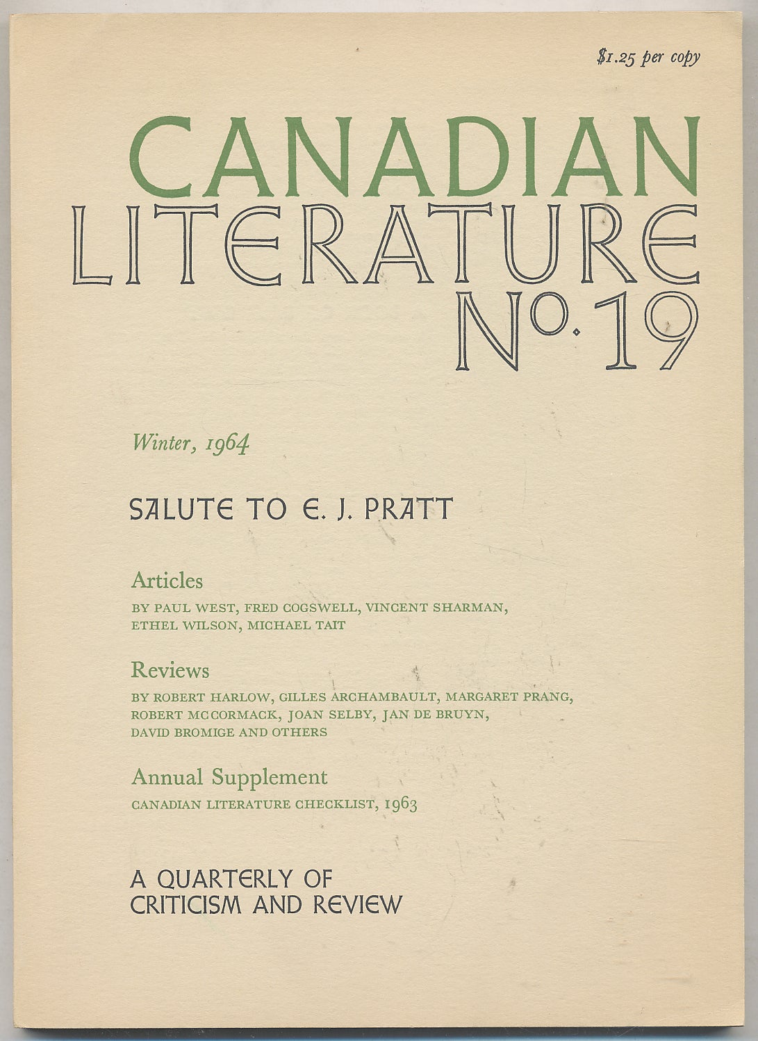 Canadian Literature No. 19, Winter 1964: A Quarterly of Criticism and ...