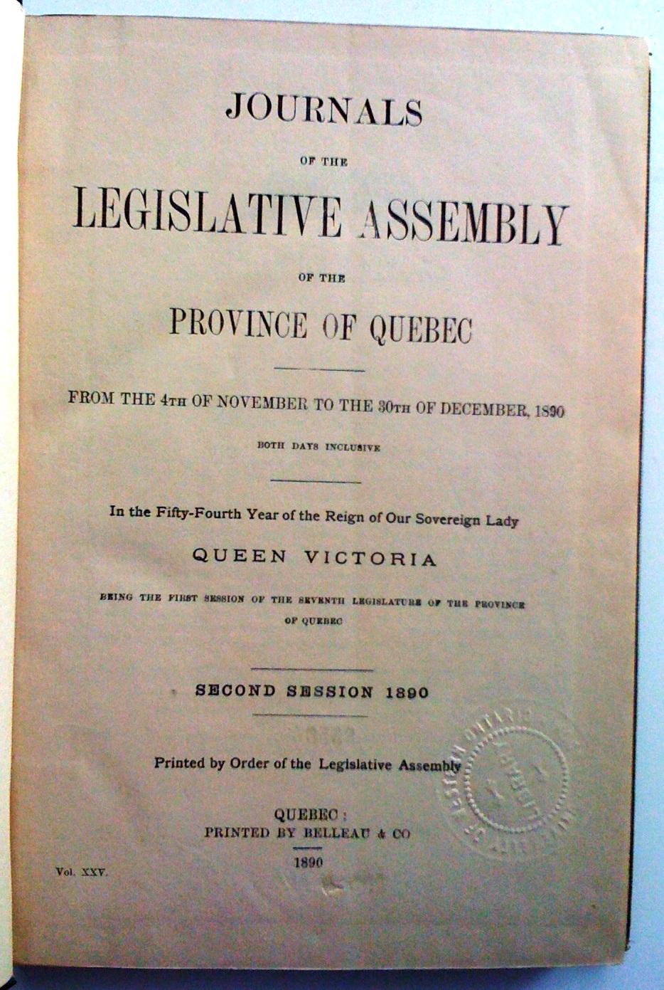 Journals of the Legislative Assembly of the province of Quebec from the ...