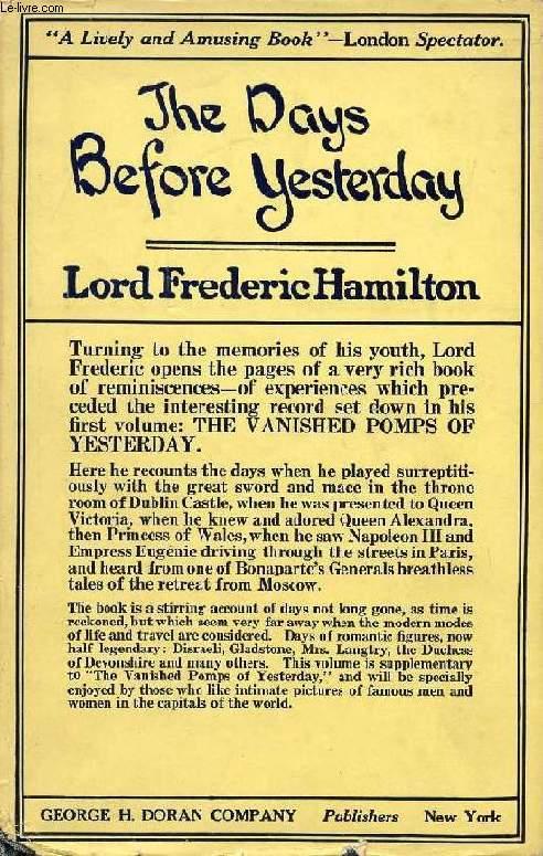 THE DAYS BEFORE YESTERDAY by FREDERIC HAMILTON Lord: bon Couverture ...