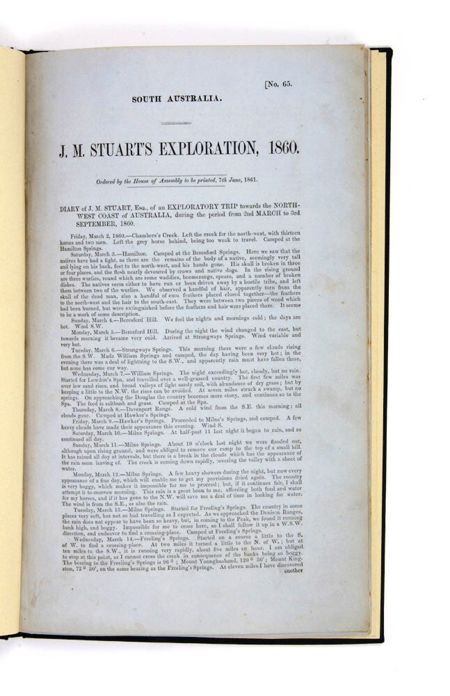J.M. Stuart's Exploration, 1860 Ordered by the House of Assembly to be ...