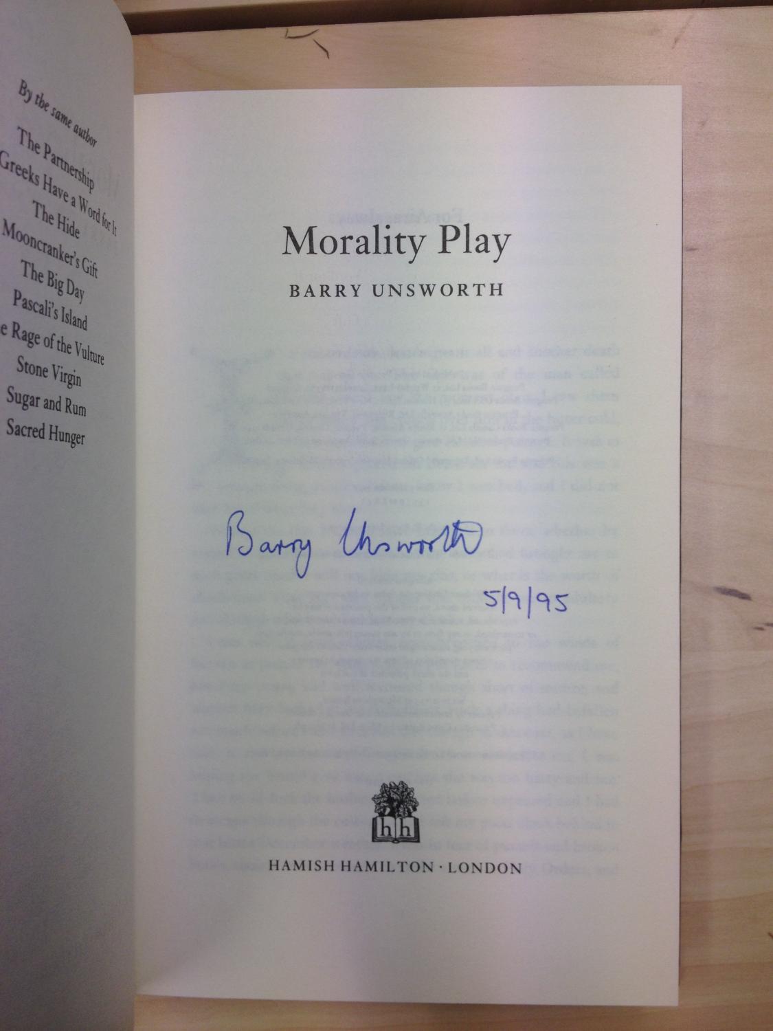 Morality Play de Unsworth, Barry: As New Hardcover (1995) 1st Edition ...