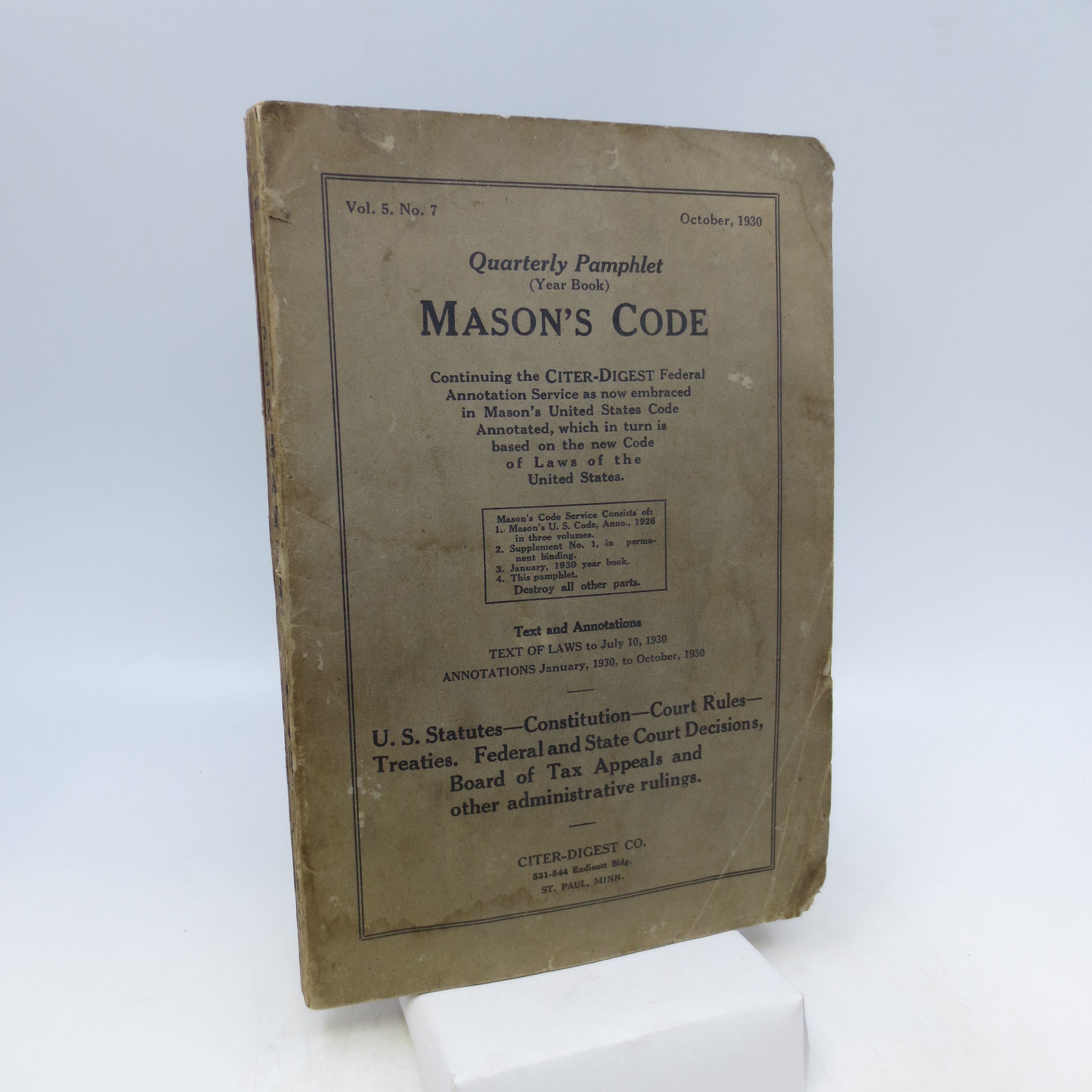 Mason's Code Quarterly Pamphlet (Year Book) Vol. 5. No. 7 October, 1930 ...