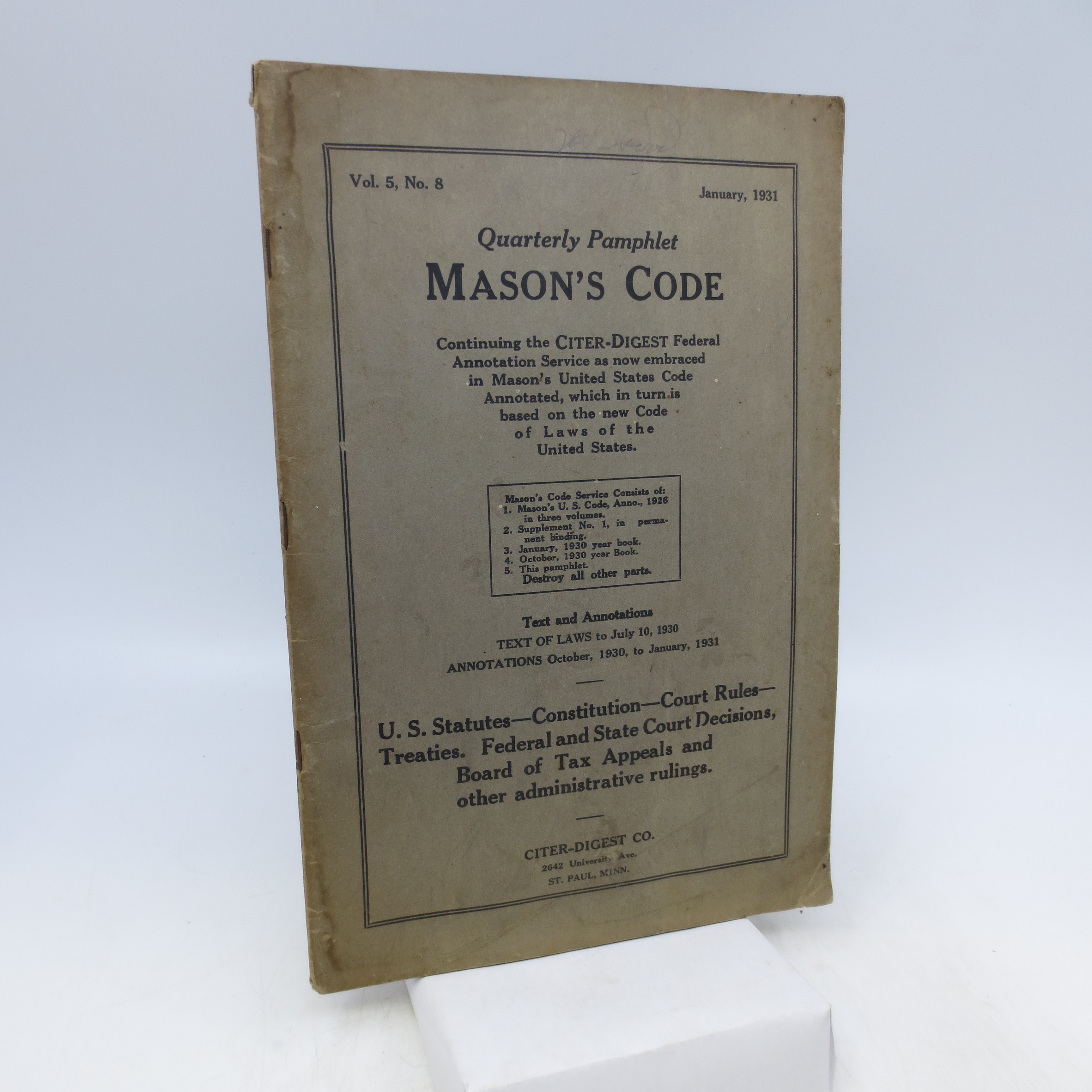 Mason's Code Quarterly Pamphlet (Year Book) Vol. 5. No. 8 January 1931 ...