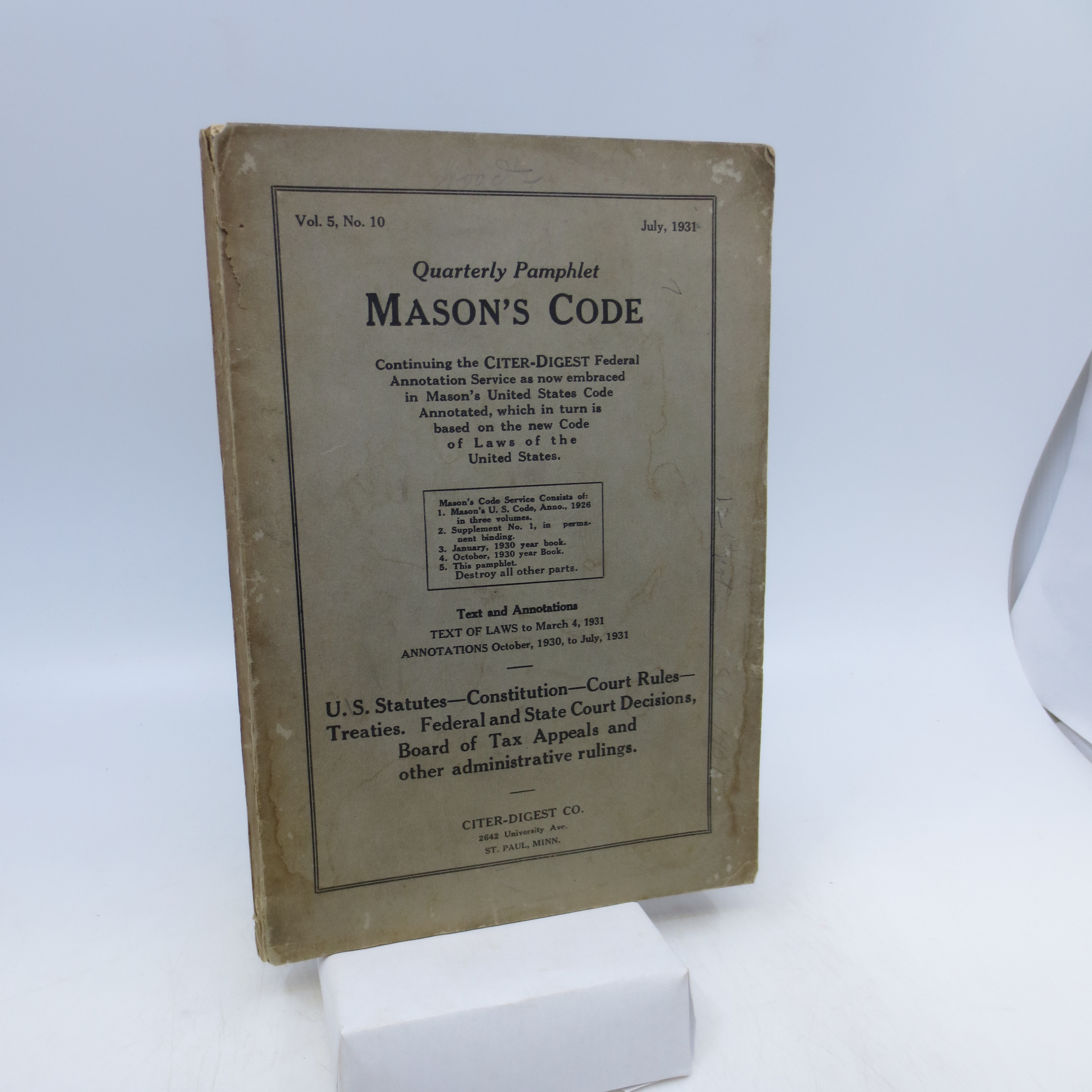 Mason's Code Quarterly Pamphlet Vol. 5. No. 10 July 1931 (First Edition ...