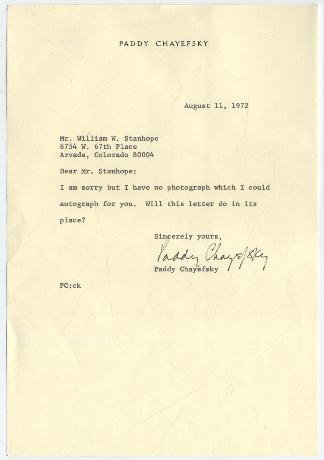 Typed Letter Signed von CHAYEFSKY, Paddy: Fine Unbound Signed by Author ...