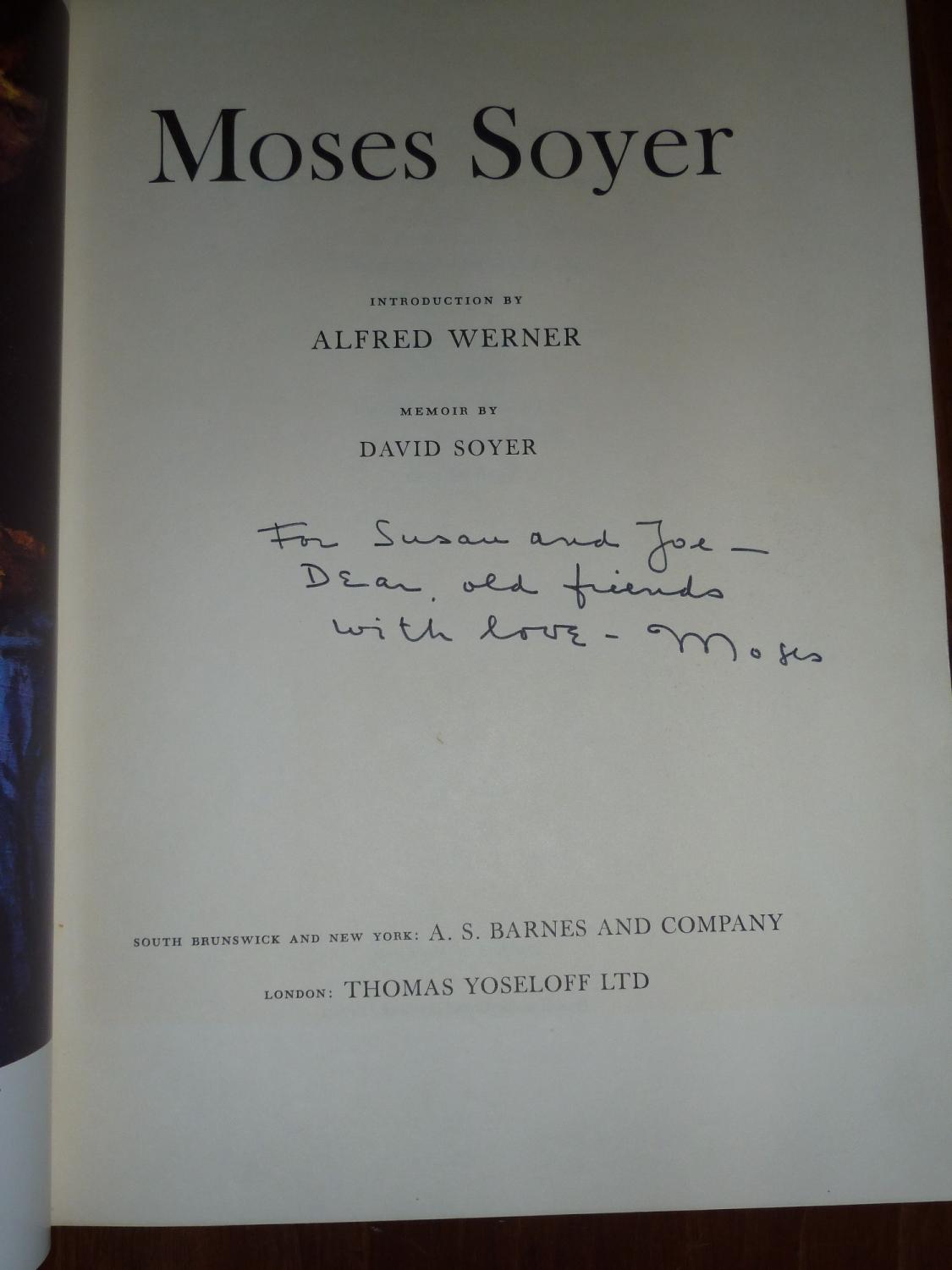 Moses Soyer by Alfred Werner: Very Good Hardcover (1970) # 3 of 108 Copies, Inscribed By Artist ...