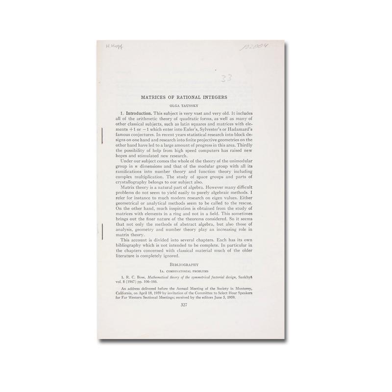 Matrices of rational integers. von Taussky, Olga.: (1960) | Antiquariat ...