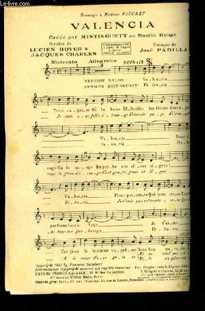 VALENCIA - PARTITION POUR CHANT AVEC PAROLES. par PADILLA JOSE: (1925 ...