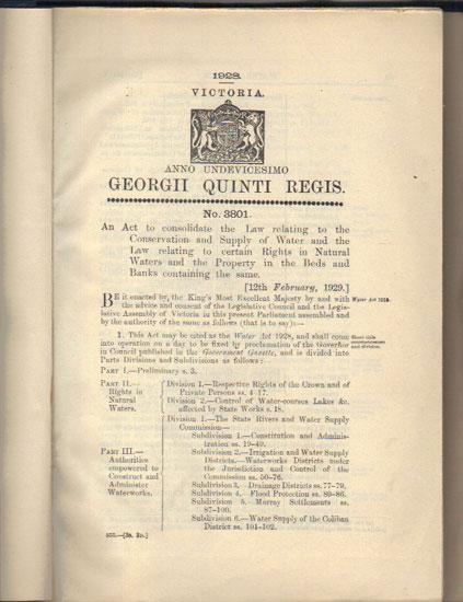 WATER ACT, VICTORIA, 1928-1951.: Very Good Hard Cover First Edition ...