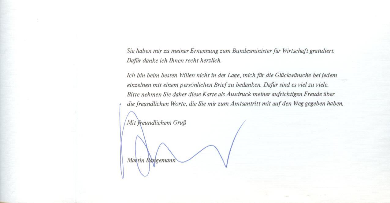 Gedr. Billett mit eigenh. Paraphe. de Bangemann, Martin, Politiker (geb ...