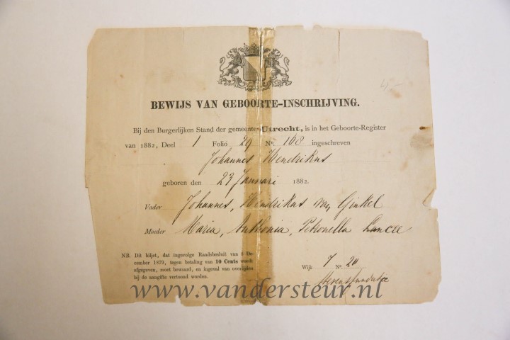 GINKEL, VAN Uittreksel geboorteregister te Utrecht van Johannes ...