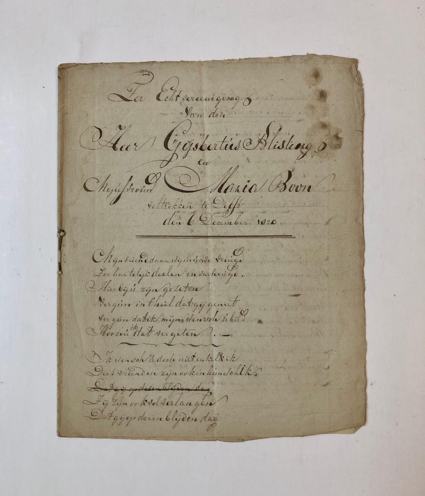 DELFT, KLISTING, BOON, VAN GOUTEL "Ter echtvereeniging van den heer ...