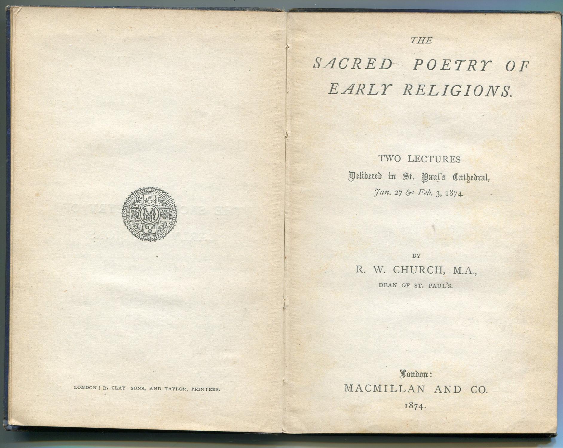 The Sacred Poetry of Early Religions by Church, R W: Good Hardcover ...
