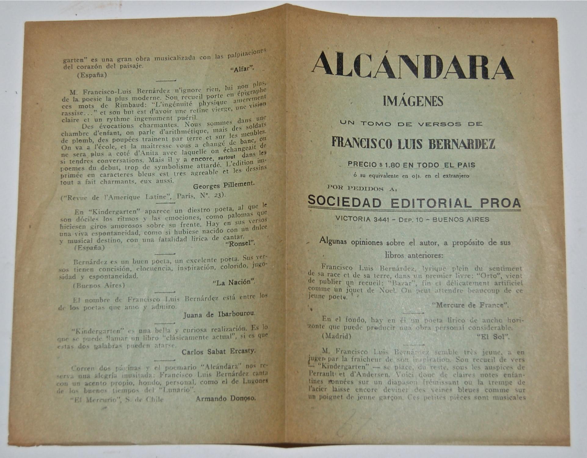 Alcándara. Imágenes, Buenos Aires, Editorial Proa, 1925. by BERNARDEZ ...