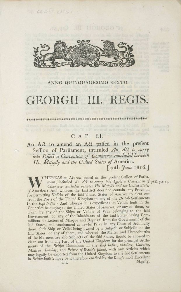 A collection of three rare and important 1816 British War of 1812 legal ...