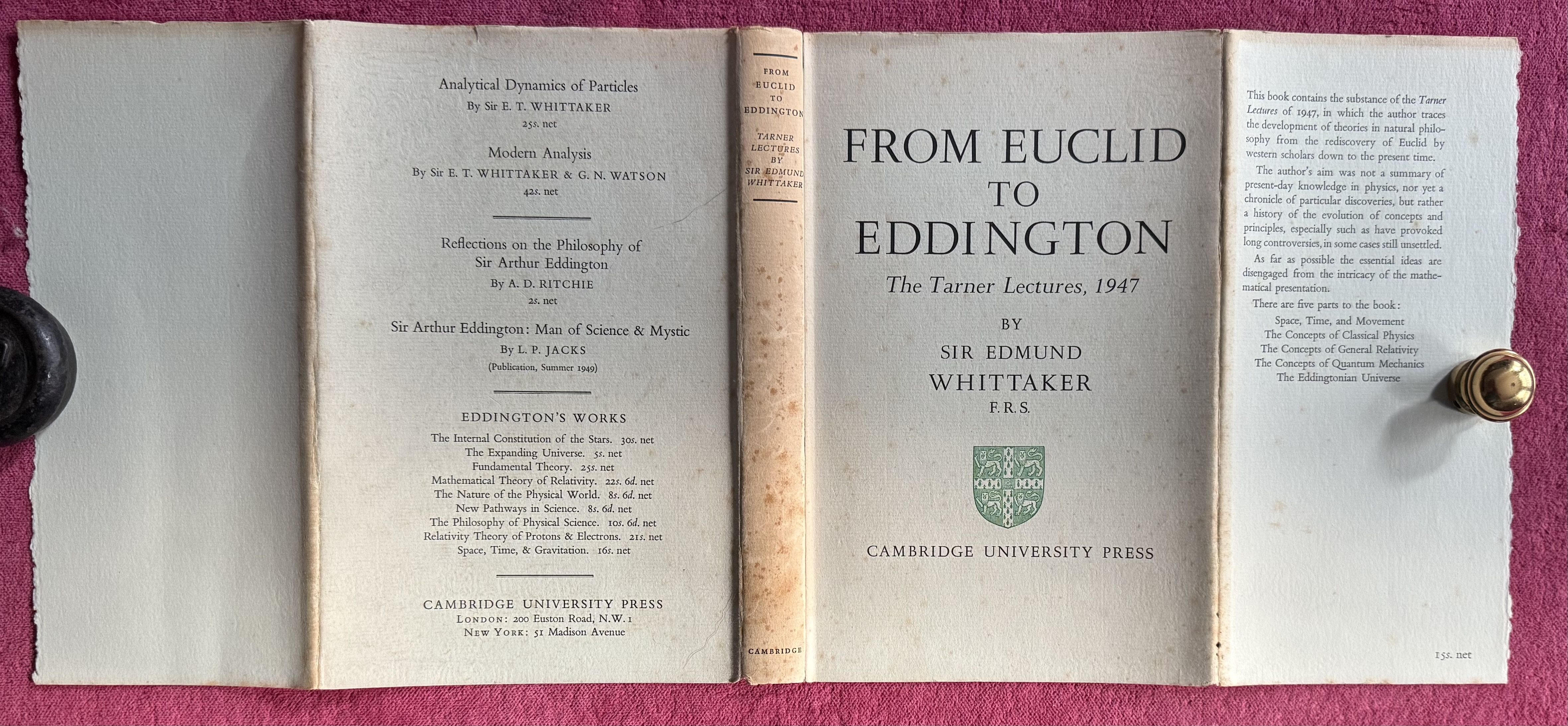 From Euclid To Eddington The Tarner Lectures 1947. IN ORIGINAL DUST ...