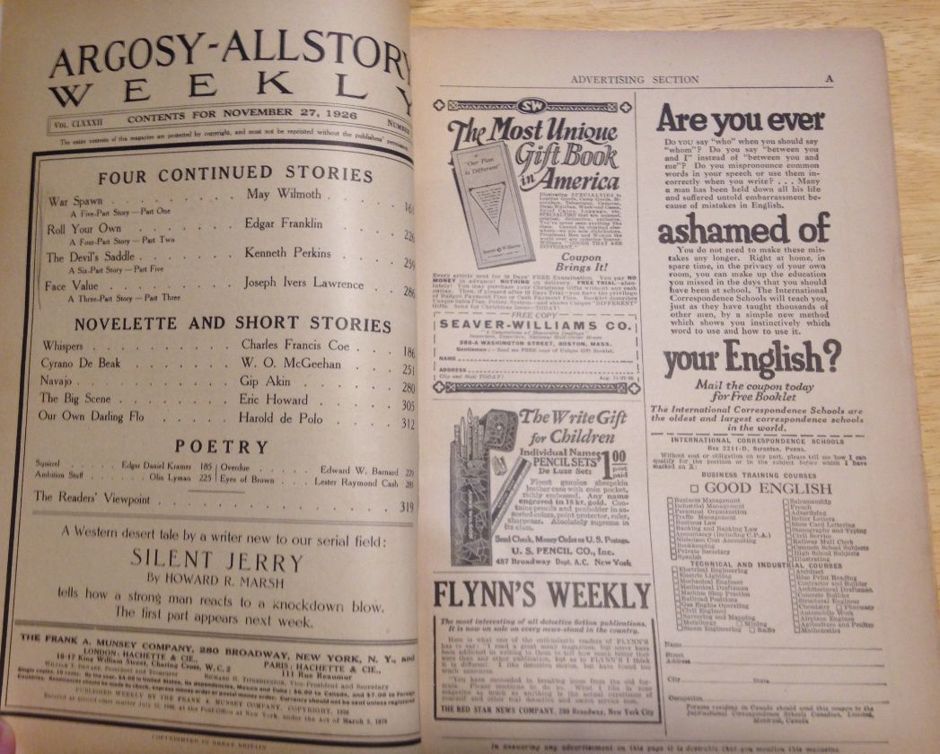 Argosy All-Story Weekly November 27, 1926 Volume CLXXXII Number 2 by ...