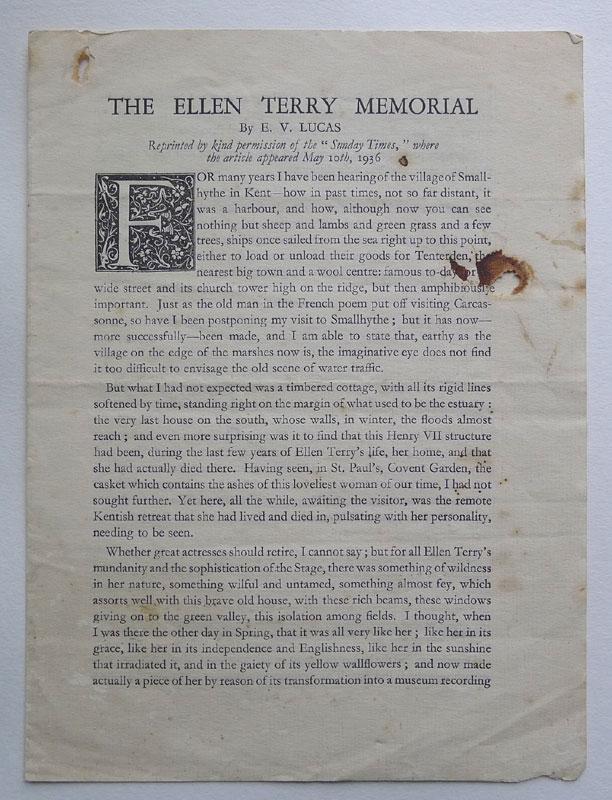 The Ellen Terry Memorial Fund Matinee Programme. The Palace Theatre, London Tuesday, April 23 ...