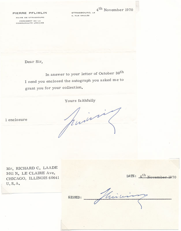 Typed Note Signed / Signature by PFLIMLIN, Pierre (1907-2000): Signed ...