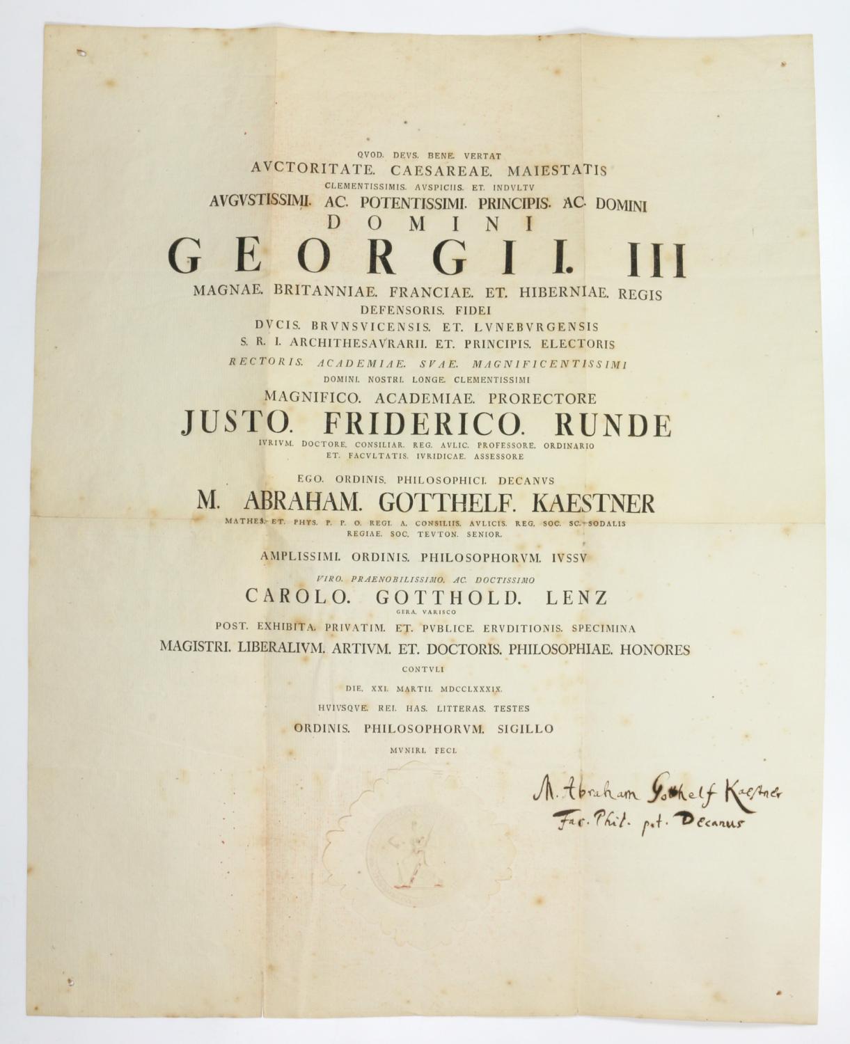 Gedr. Urkunde mit eigenh. U. von Kästner, Abraham Gotthelf ...