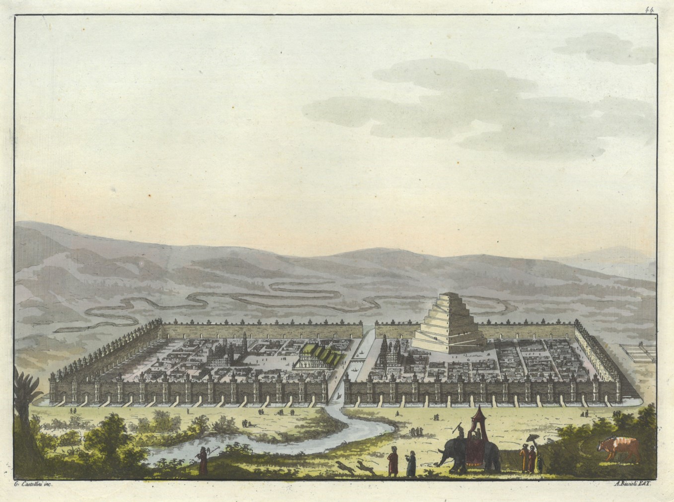 BABYLON/Irak. Gesamtansicht mit Stadtmauer, Turm und Palästen, in der ...