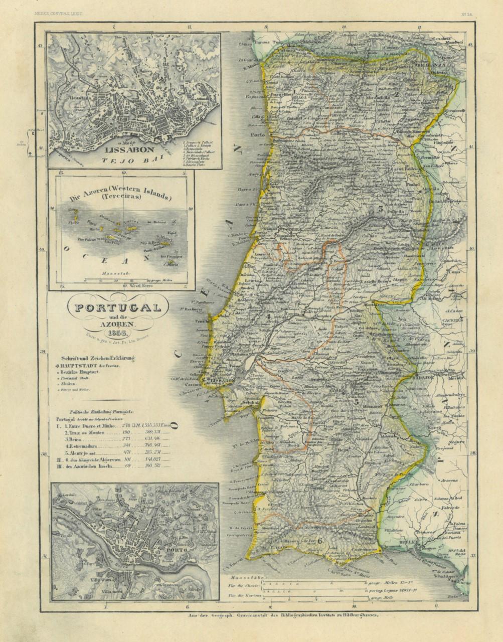 PORTUGAL. - Karte. "Portugal und die Azoren 1849", mit 3 Nebenkarten ...