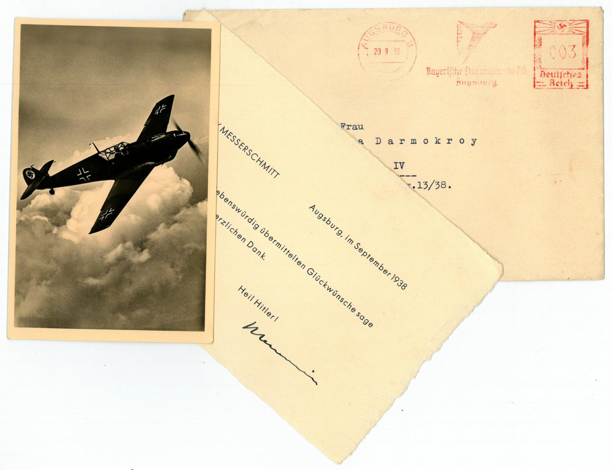 Gedr. Billett mit eigenh. U. von Messerschmitt, Wilhelm, Flugingenieur ...